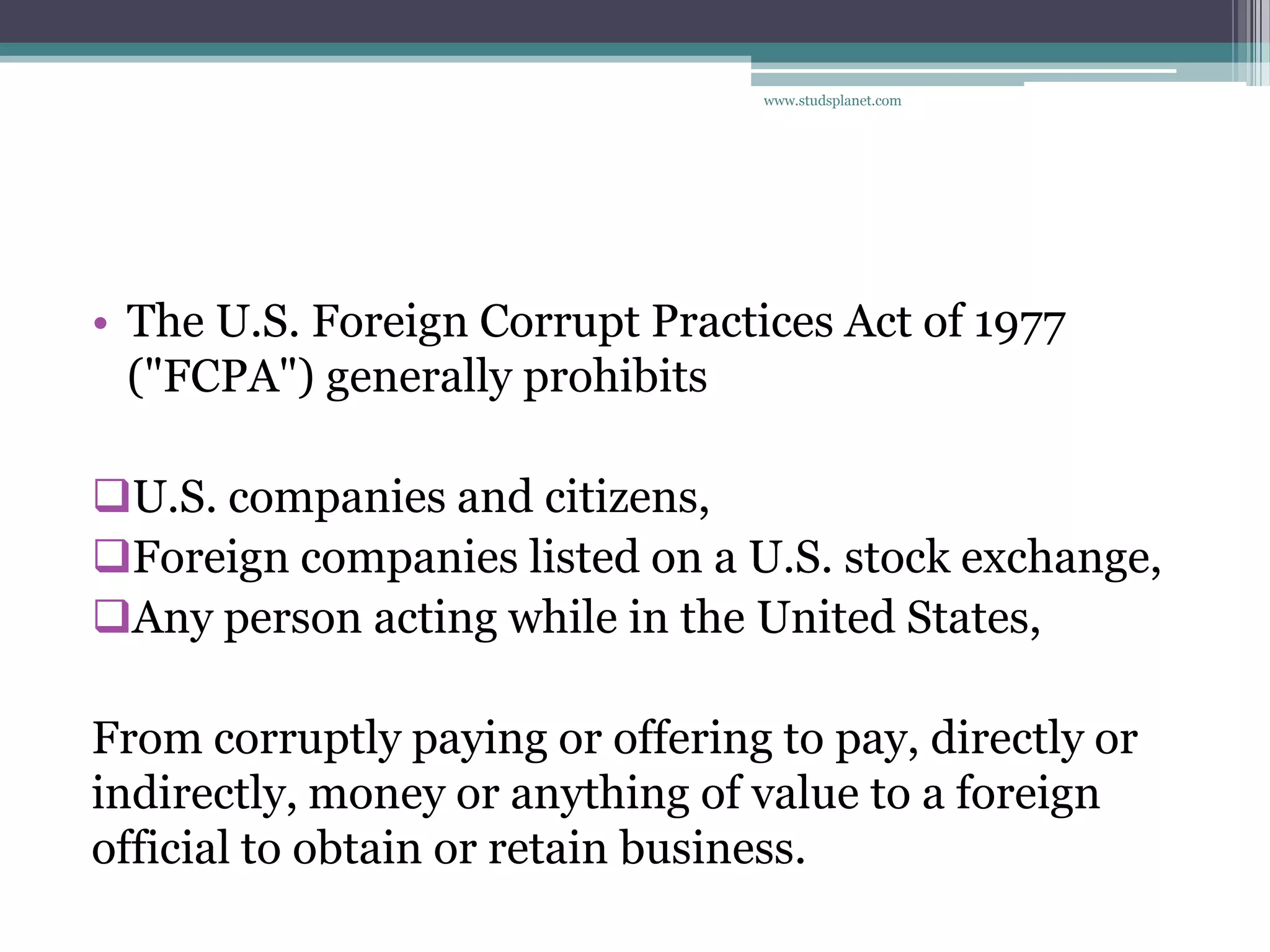 Foreign corrupt practises act(fcpa) | PPT
