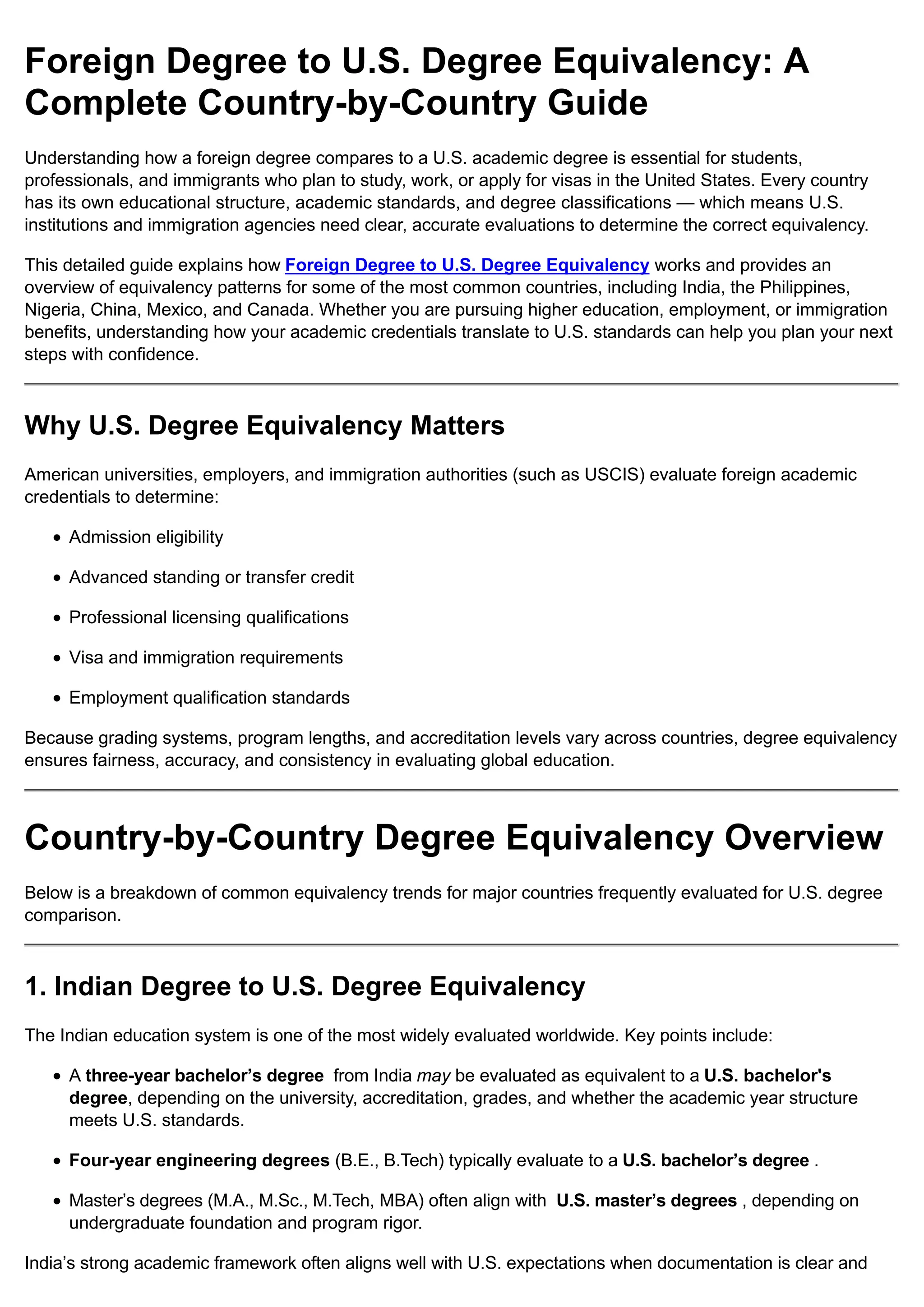 Foreign Degree to U.S. Equivalency Guide | PDF