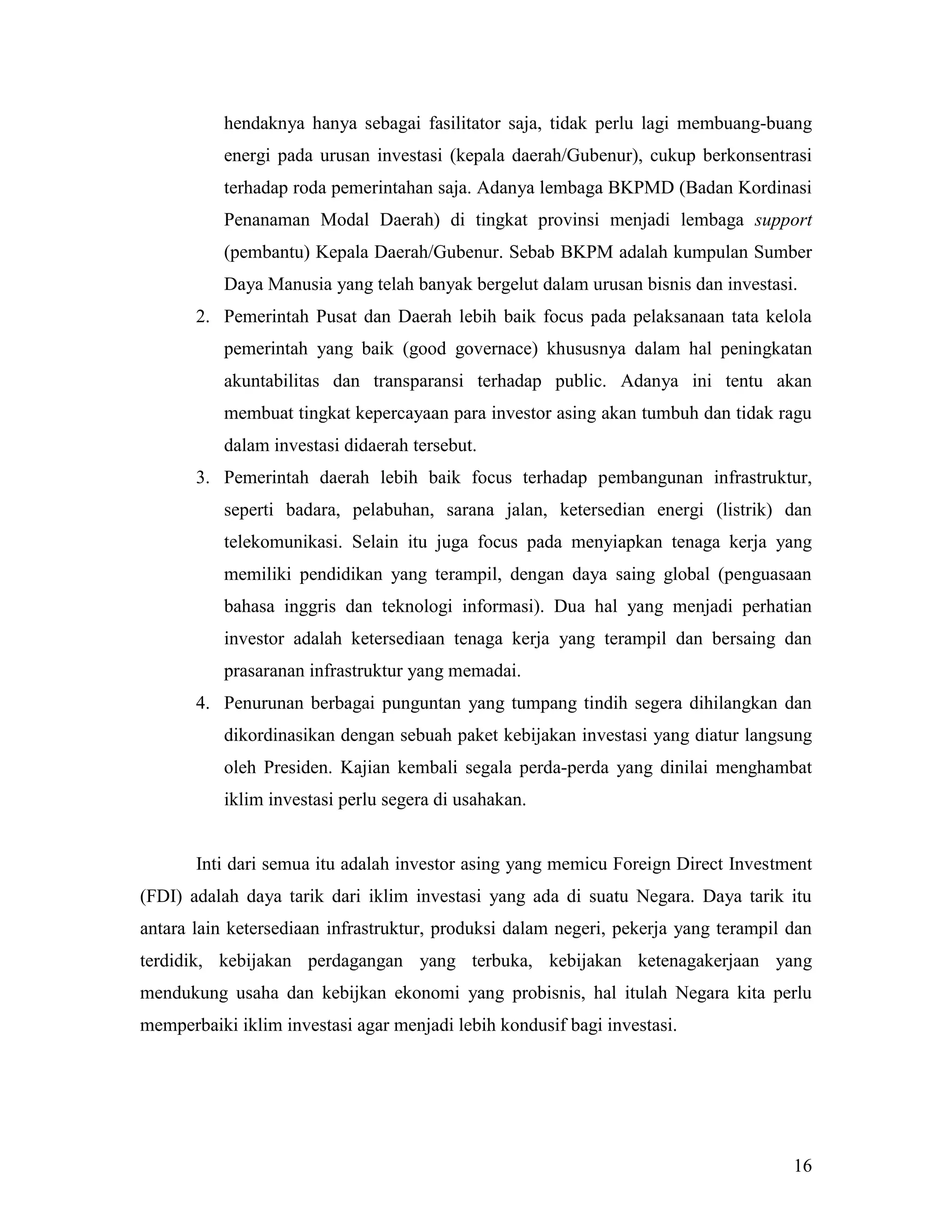 Foreign Direct Investment (FDI) dan Iklim investasi di Indonesia | DOC