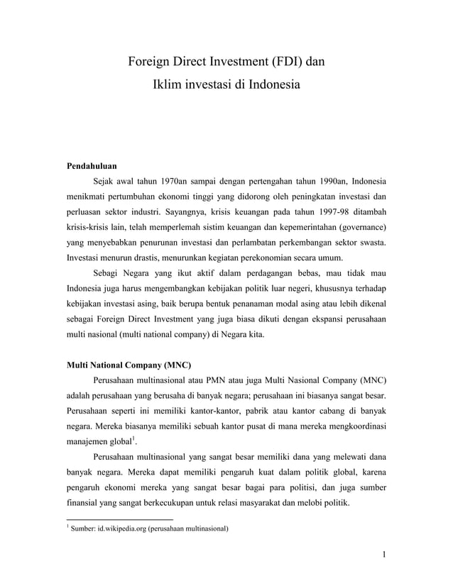 Foreign Direct Investment (FDI) dan Iklim investasi di Indonesia | DOC