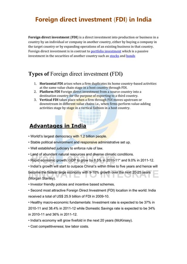 Foreign direct investment (FDI) in India | PDF
