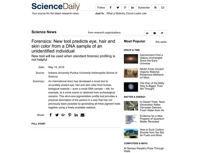 Forensics: New tool predicts eye, hair and skin color from a DNA sample ...