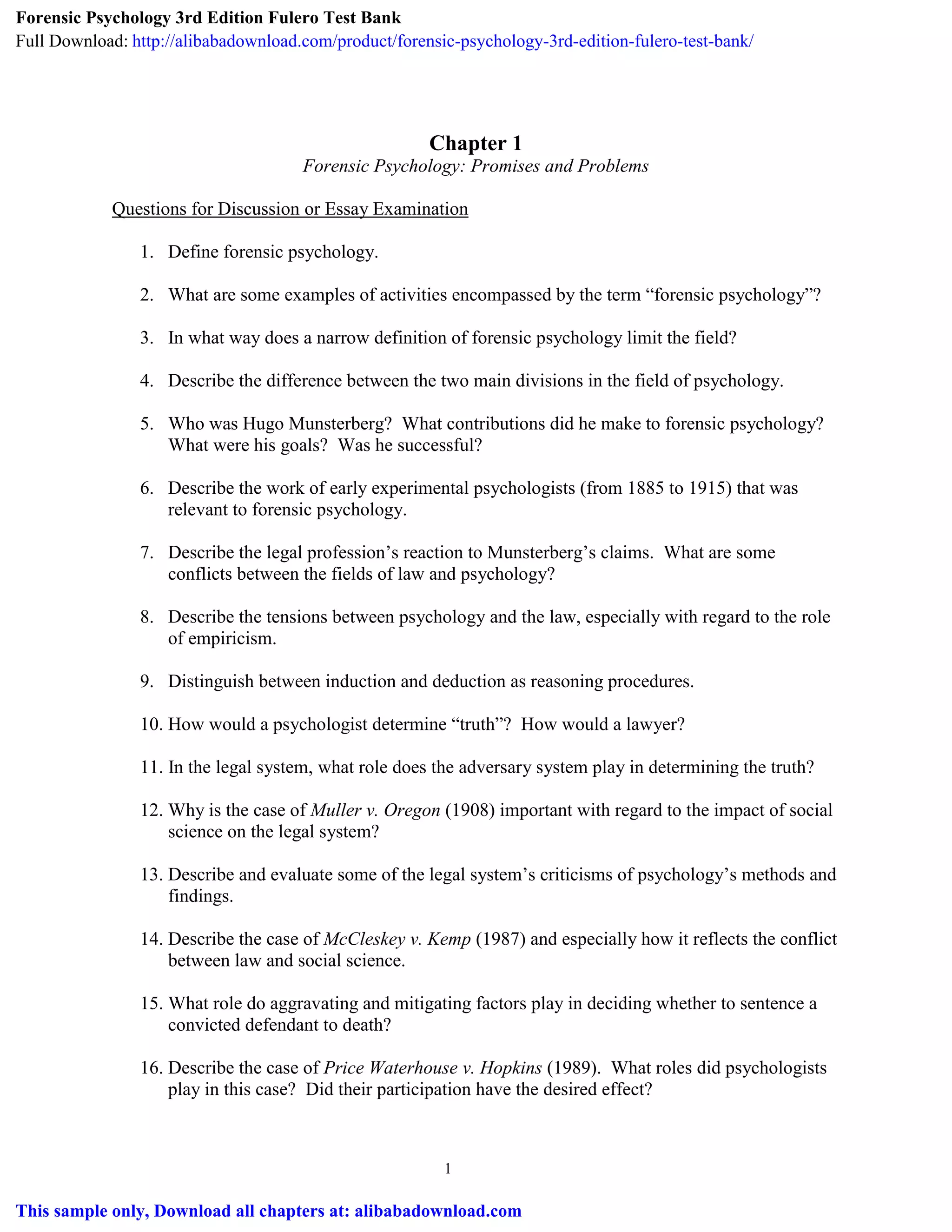 Forensic Psychology 3rd Edition Fulero Test Bank | PDF