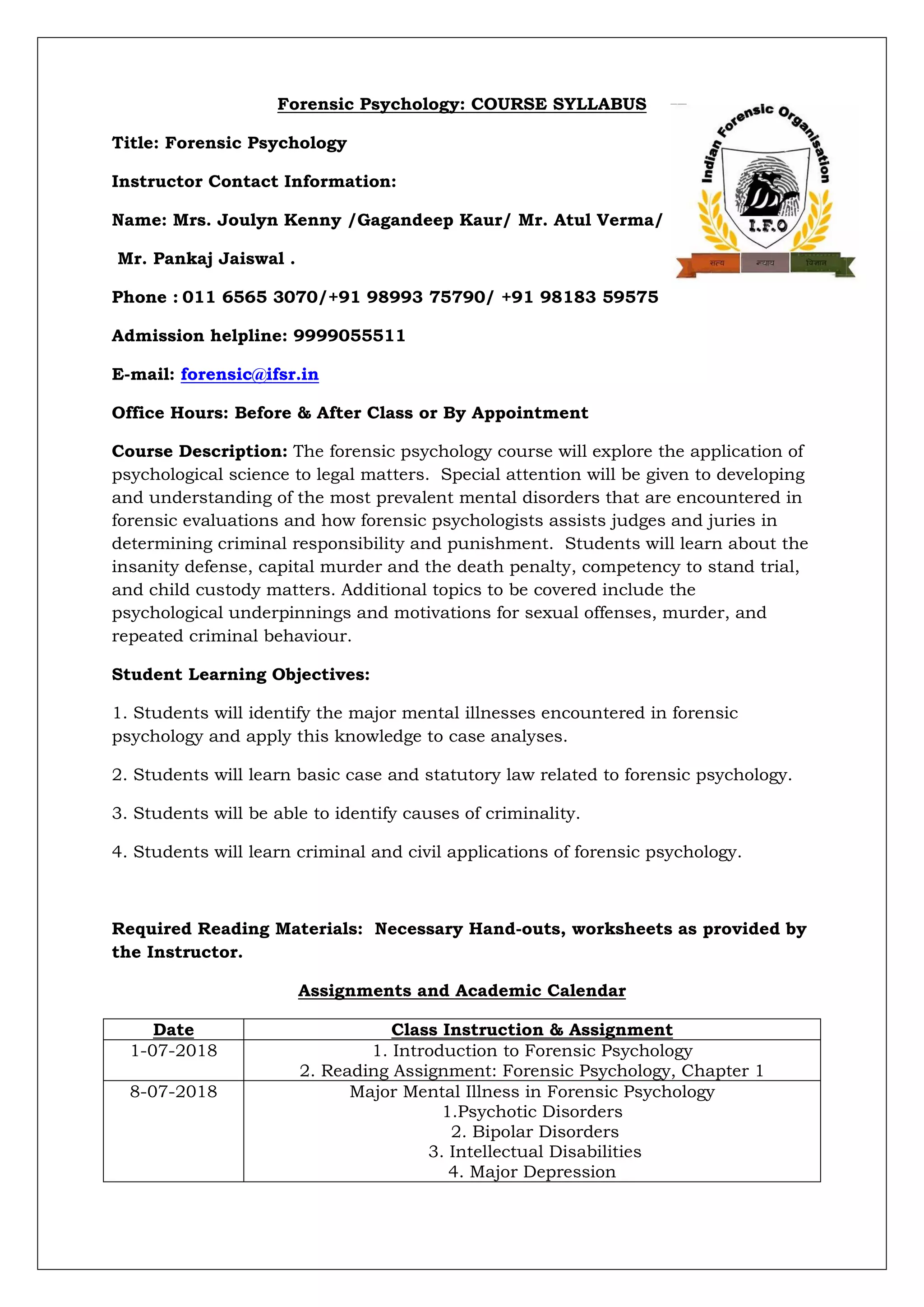 Forensic Psychology Syllabus - Indian Forensic Org | PDF