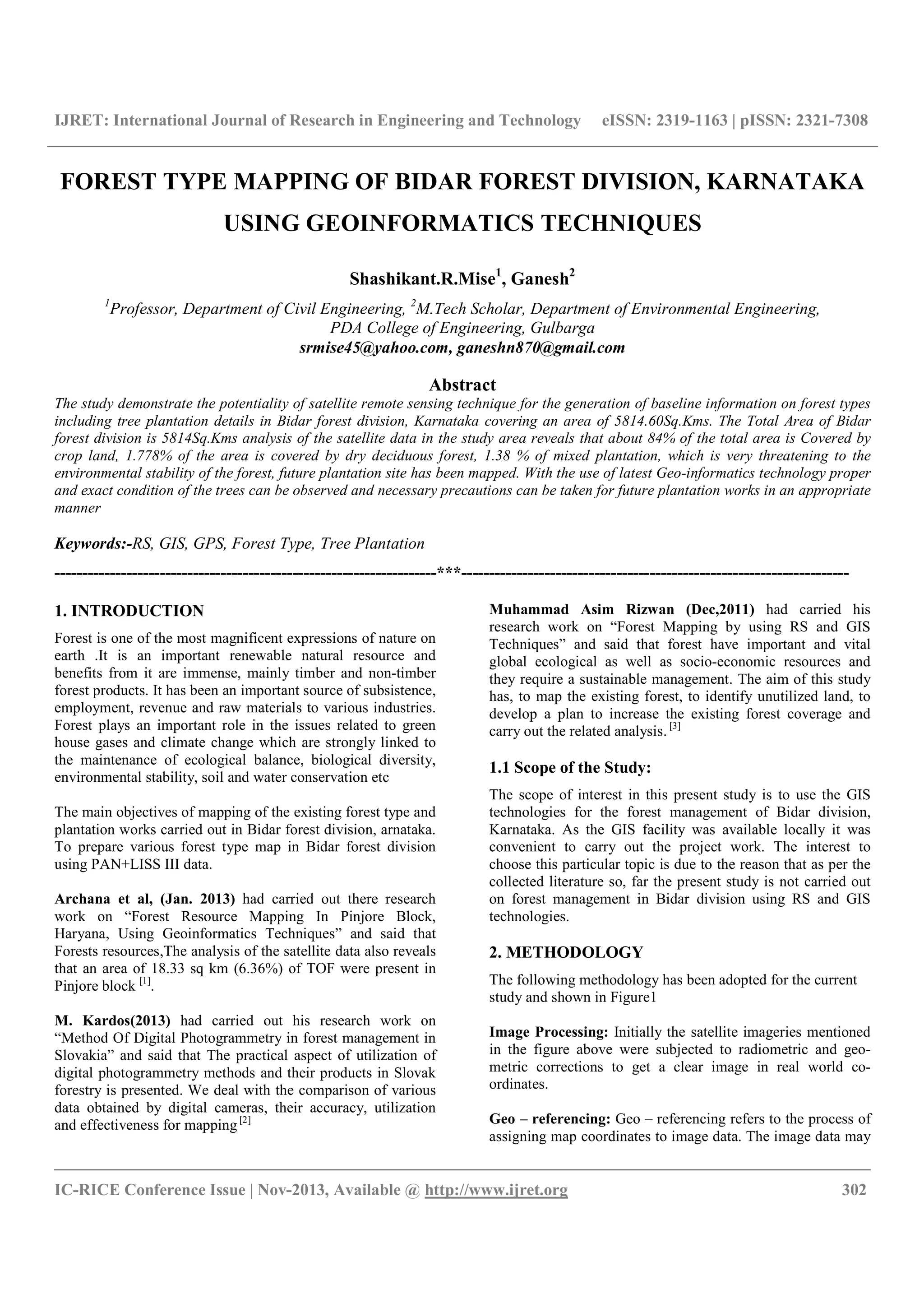 Forest type mapping of bidar forest division, karnataka using geoinformatics techniques | PDF