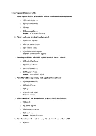 Forest Types and Locations MCQs from chatgpt | PDF