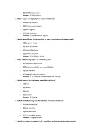 Forest Types and Locations MCQs from chatgpt | PDF