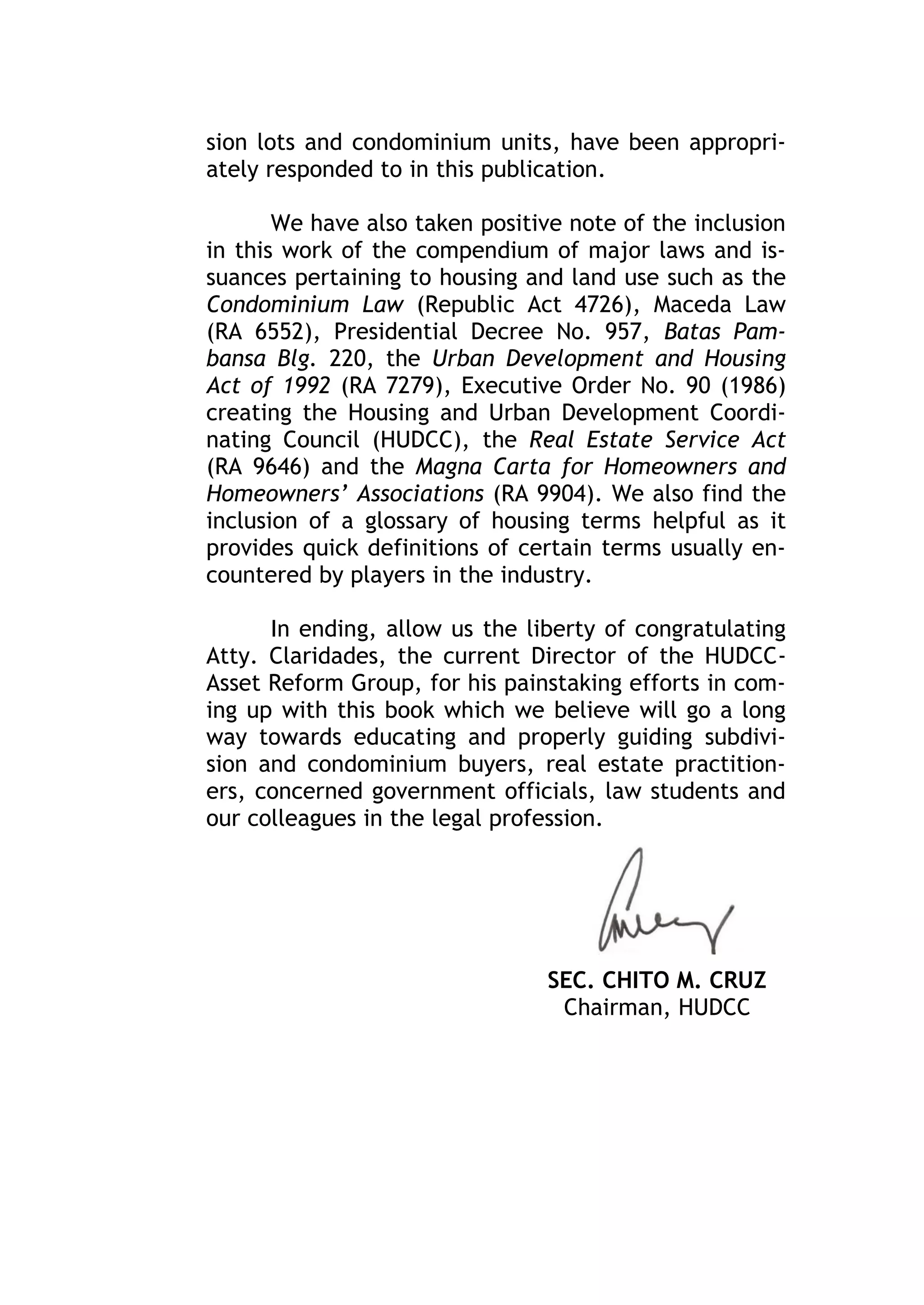 Foreword of Secretary Chito M. Cruz for the Q & A on Housing and Land ...