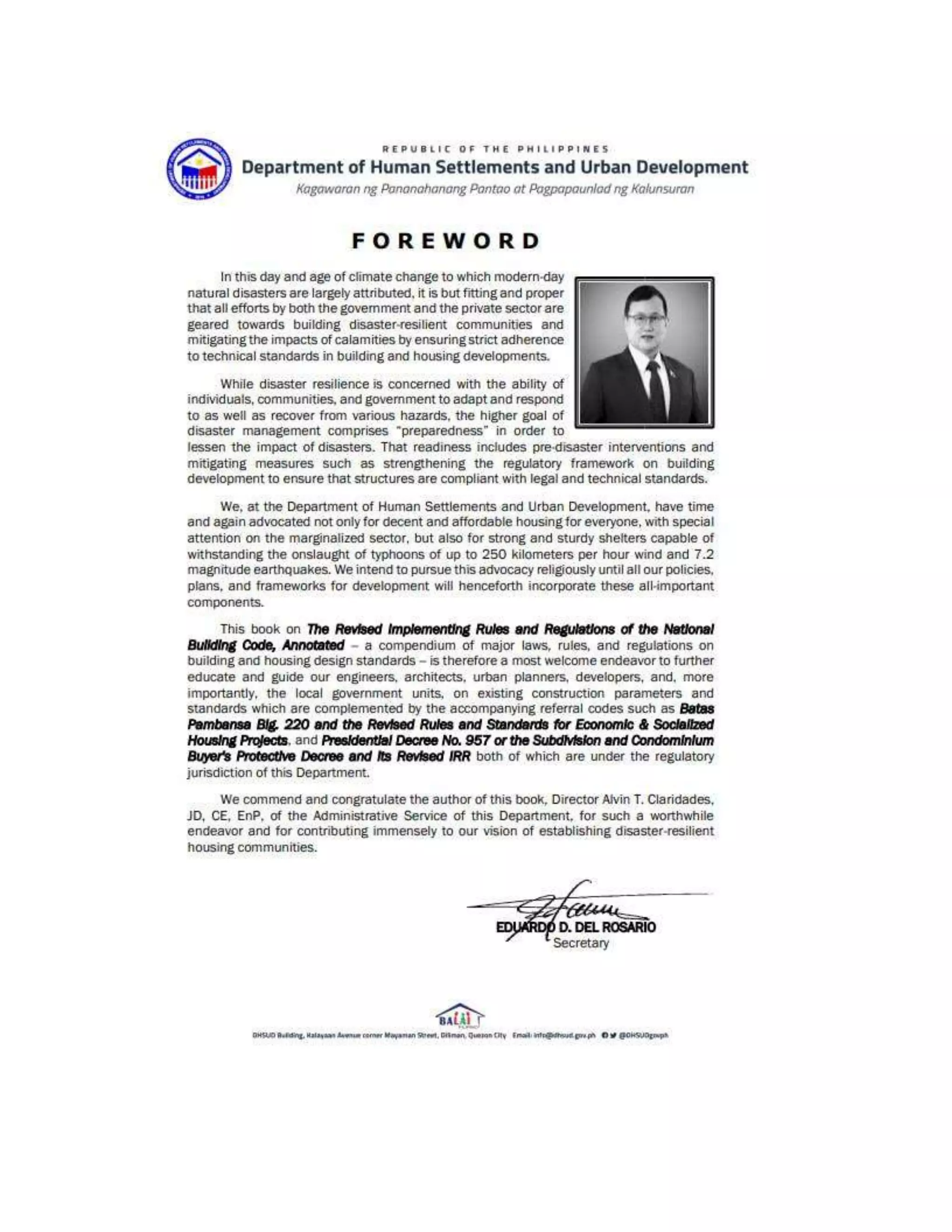 Foreword by DHSUD Secretary Eduardo D. Del Rosario on the book "Revised IRR of the National ...