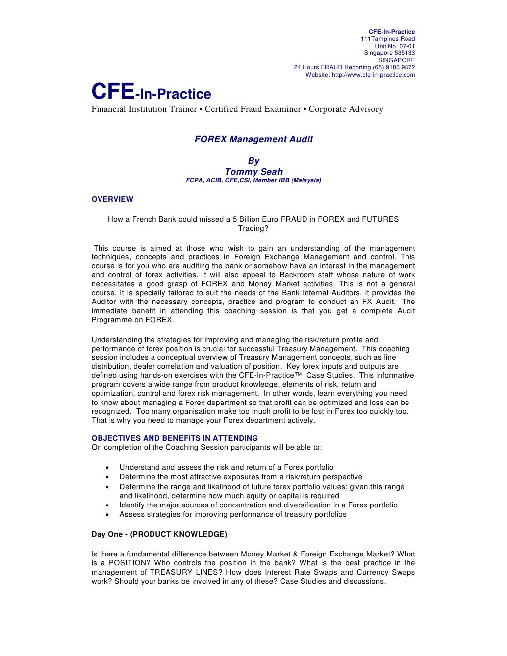 FOREIGN EXCHANGE MANAGEMENT AUDIT - FOREX AUDIT by TOMMY SEAH | PDF