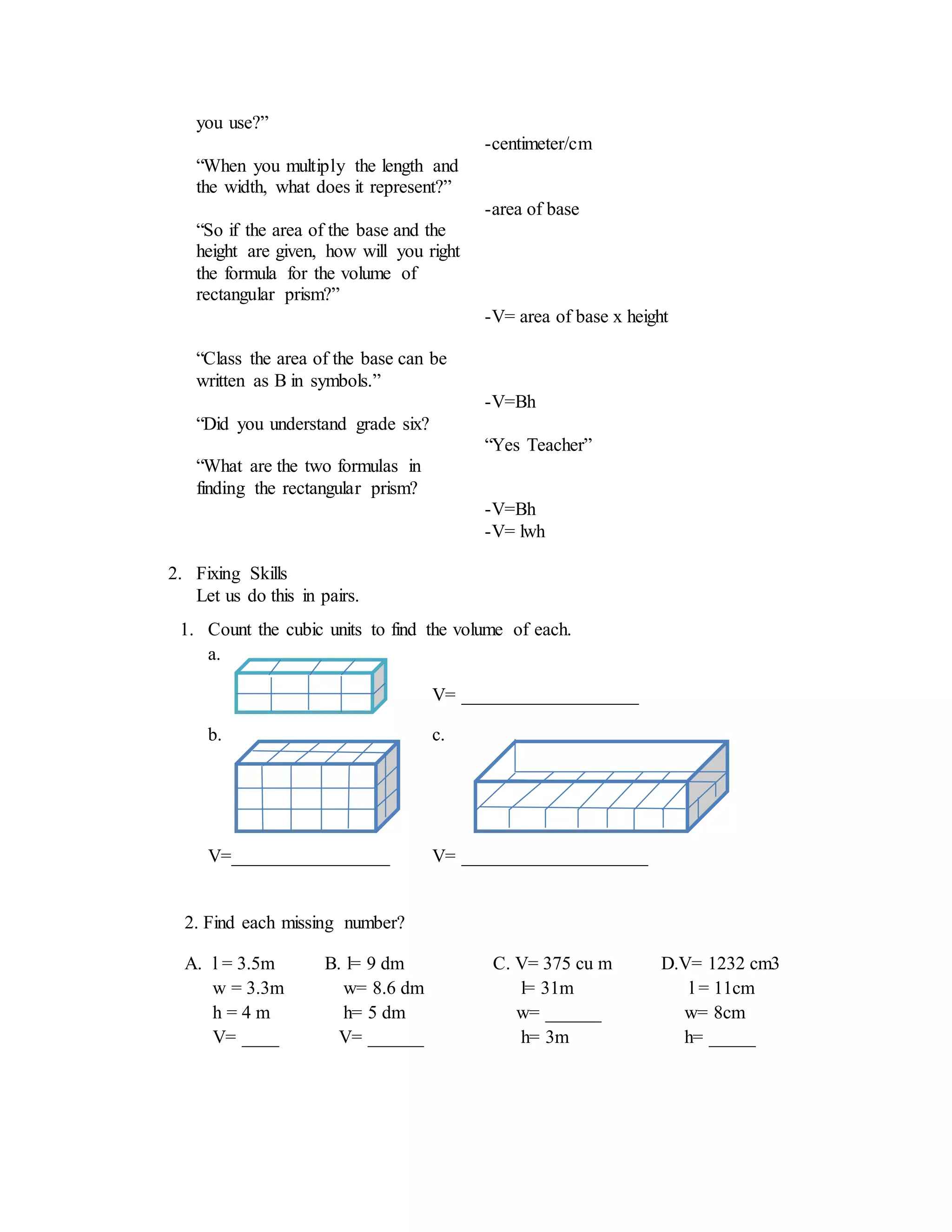 a detailed lesson plan in mathematics VI(volume of rectangular prism | DOCX