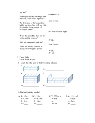 a detailed lesson plan in mathematics VI(volume of rectangular prism | DOCX