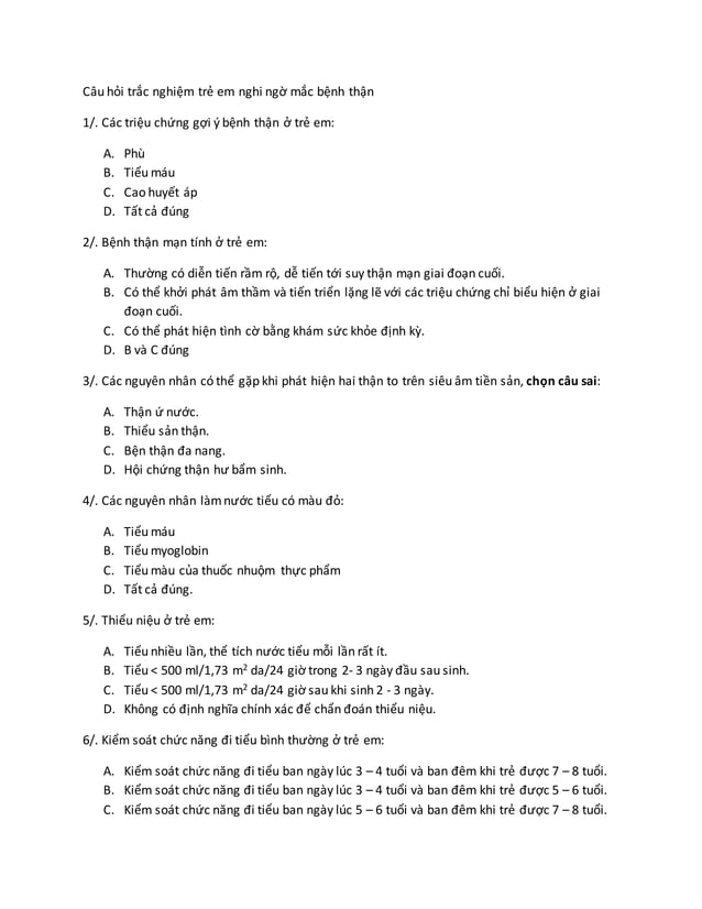 CÂU HỎI TRẮC NGHIỆM TRẺ EM KHI NGHI NGỜ MẮC BỆNH THẬN | PDF