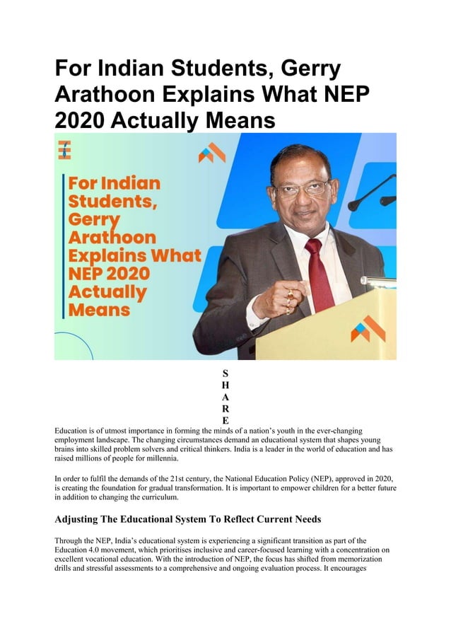 For Indian Students Gerry Arathoon Explains What NEP 2020 Actually ...