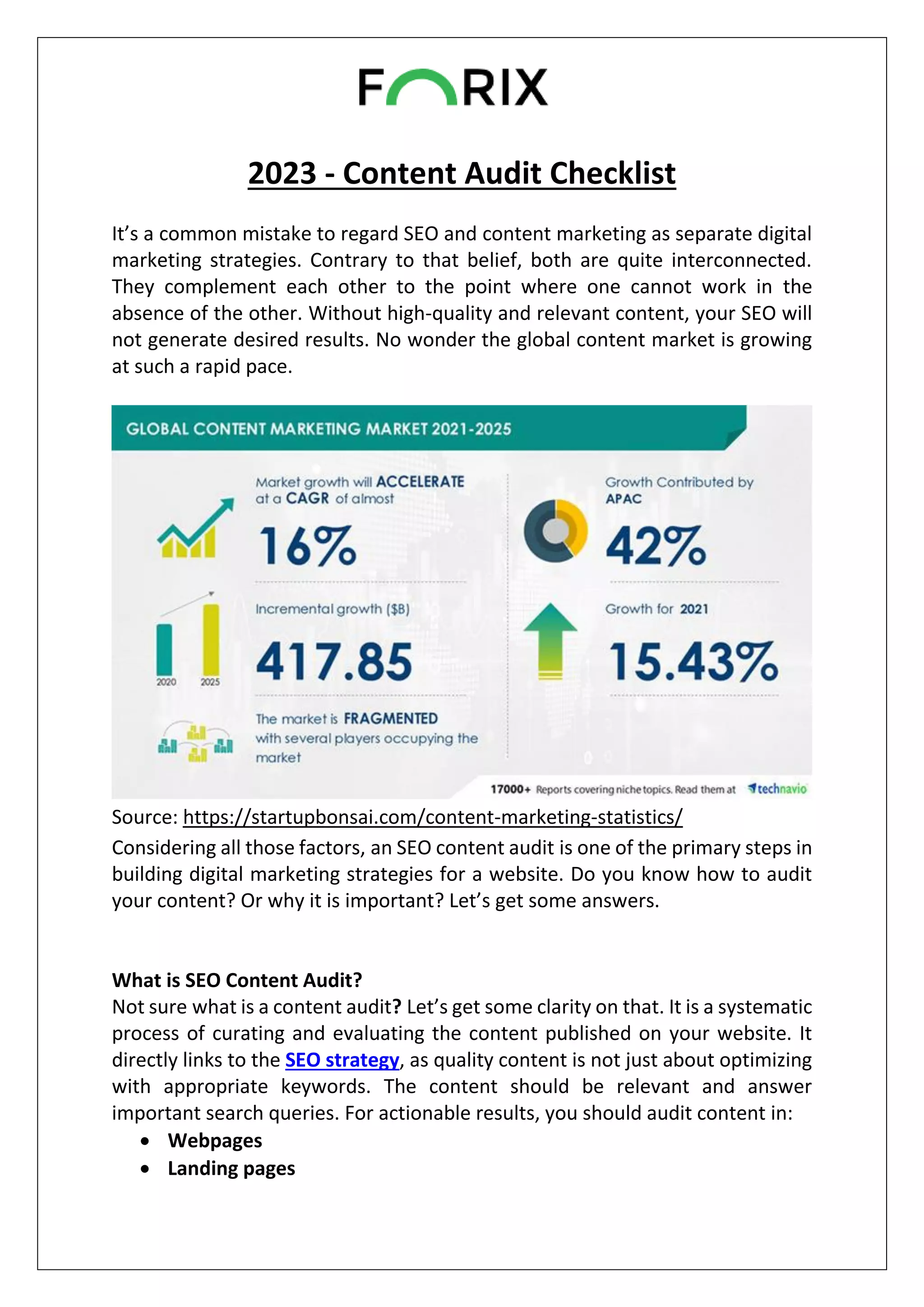 Forix SEO - 2023 - Content Audit Checklist | PDF