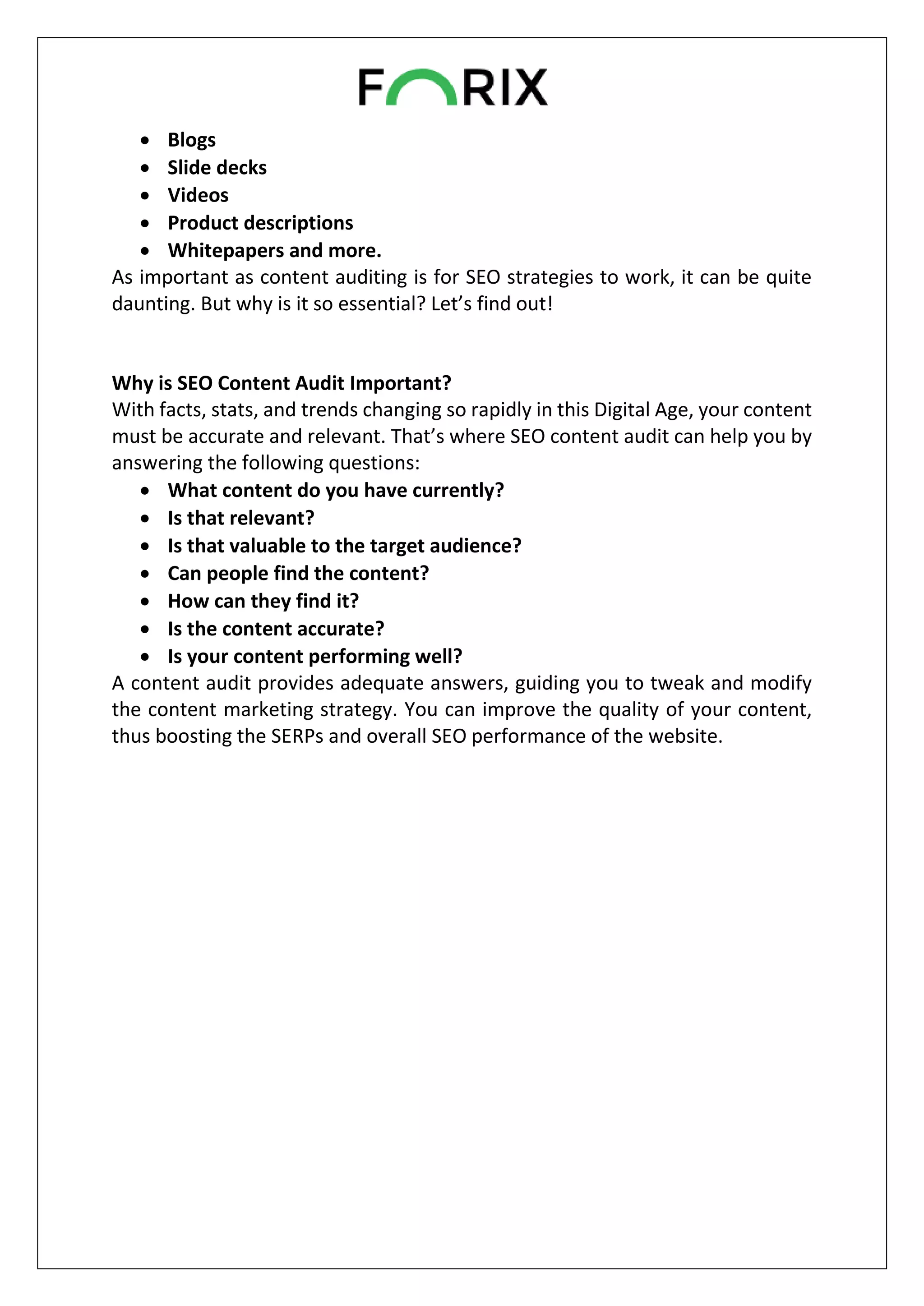 Forix SEO - 2023 - Content Audit Checklist | PDF