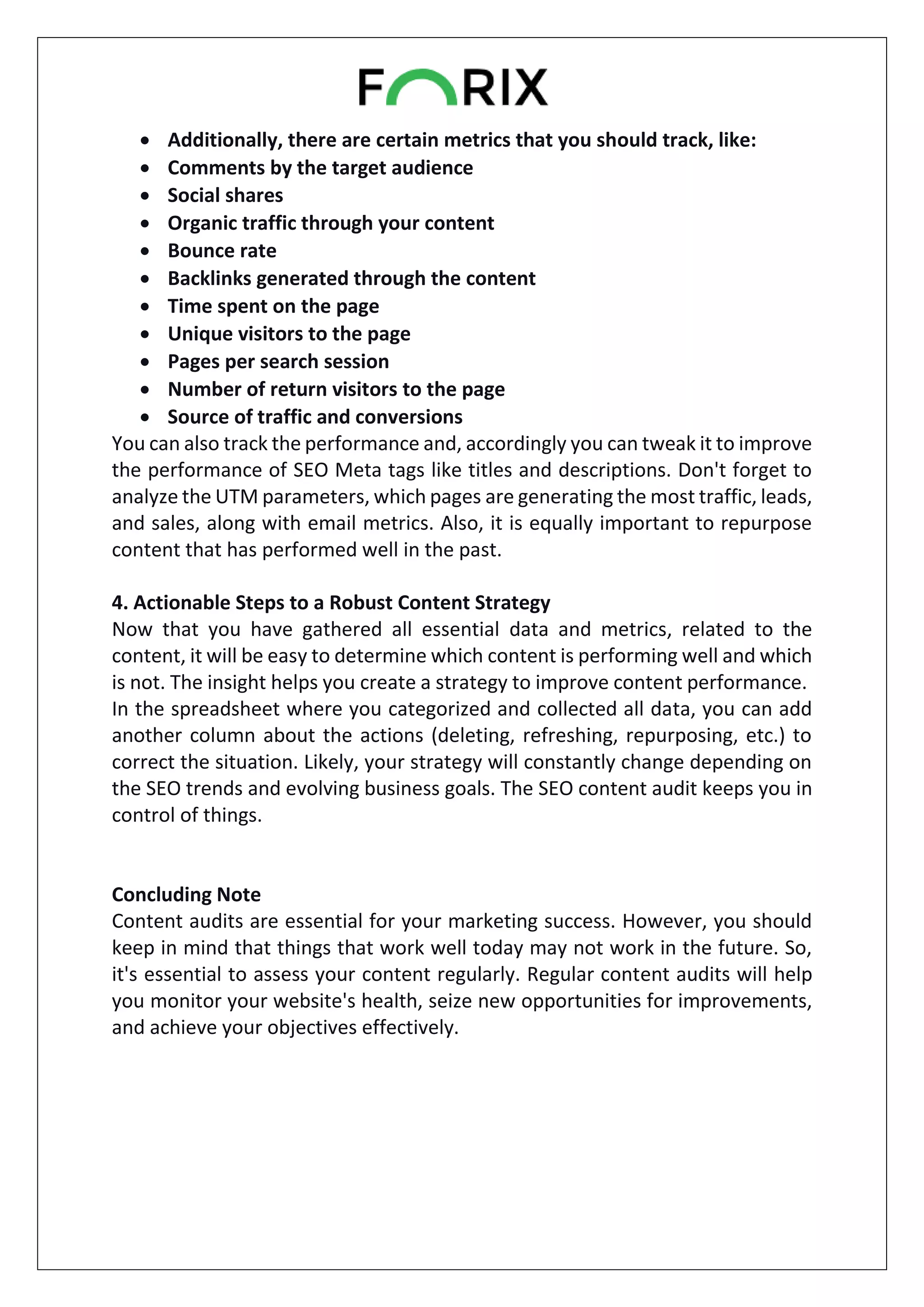 Forix SEO - 2023 - Content Audit Checklist | PDF