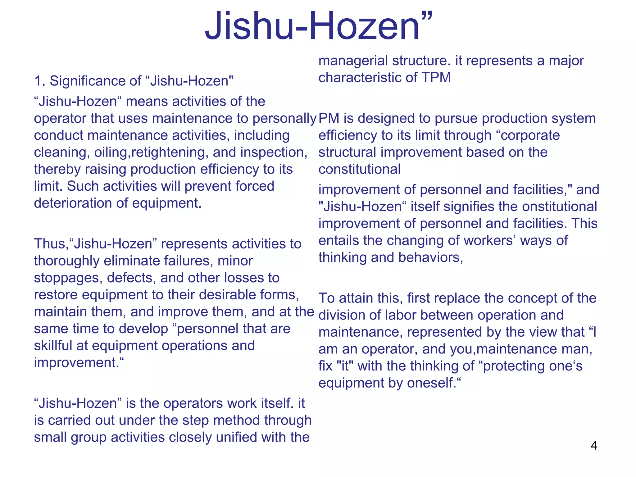 TPM for lean manufacturing chp4 step of “jlshu hozen “activities | PDF