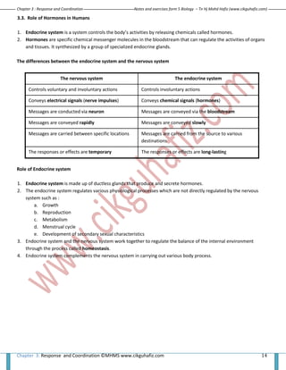 Form 5 biology notes chapter 3 - Coordination | PDF