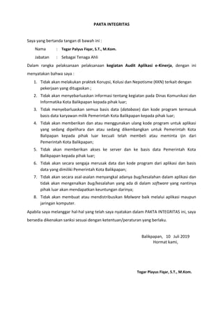 Form pakta integritas-nda | DOC