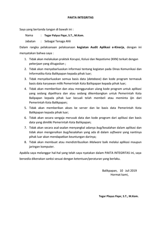 Form pakta integritas-nda | DOC