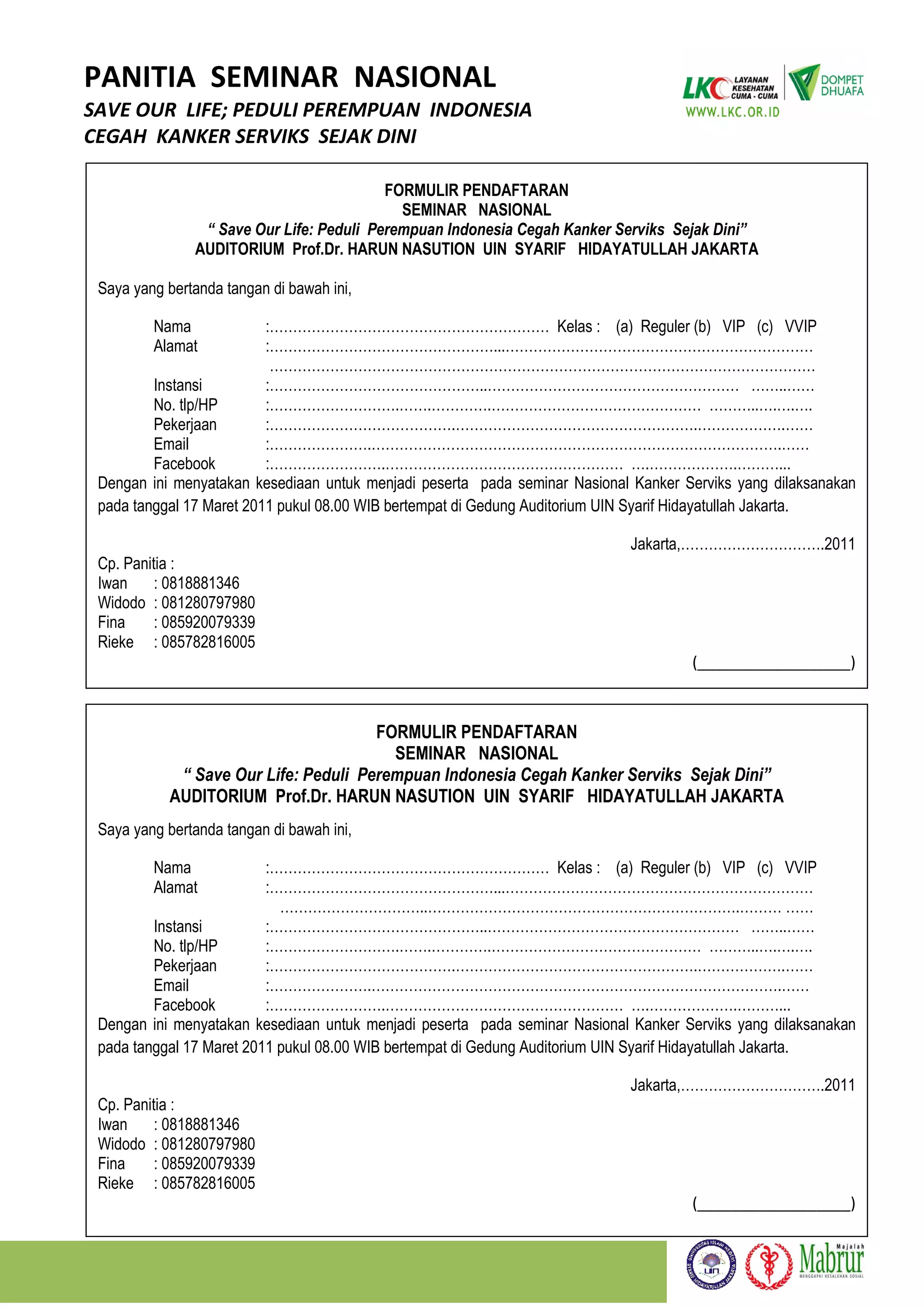 Form. pendaftran seminar kanker serviks | PDF