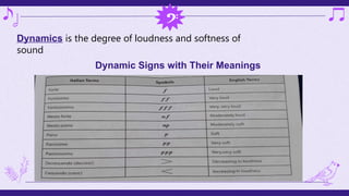 Form (structure of musical forms repeat marks) Timbre (introduction of ...