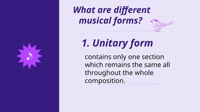 Form (structure of musical forms repeat marks) Timbre (introduction of ...