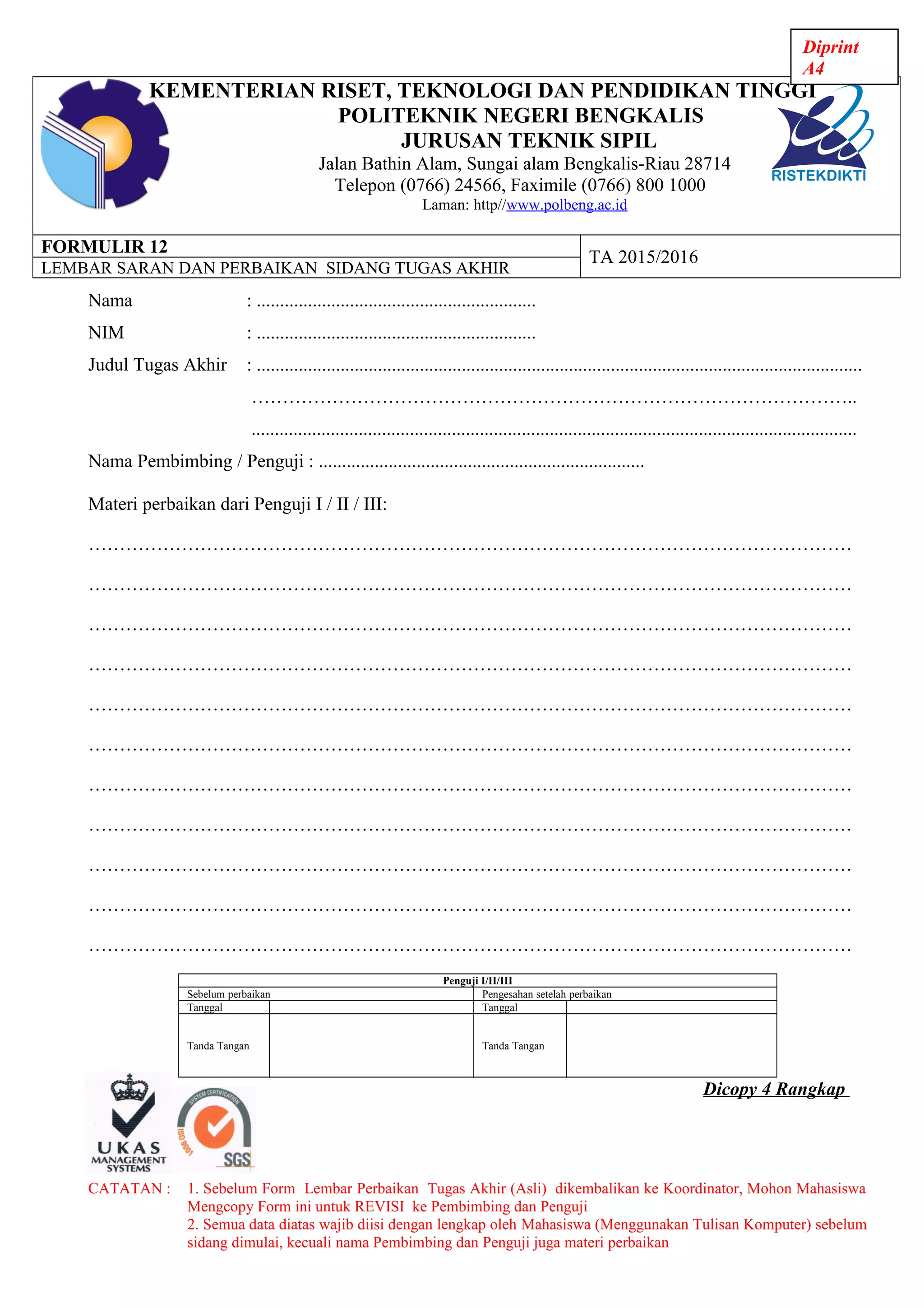 Form 12 lembar saran dan perbaikan ta | DOC