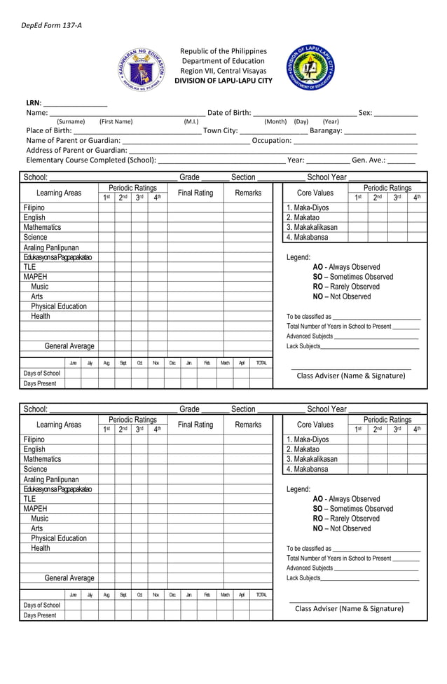 Form 137 k 12 PDF