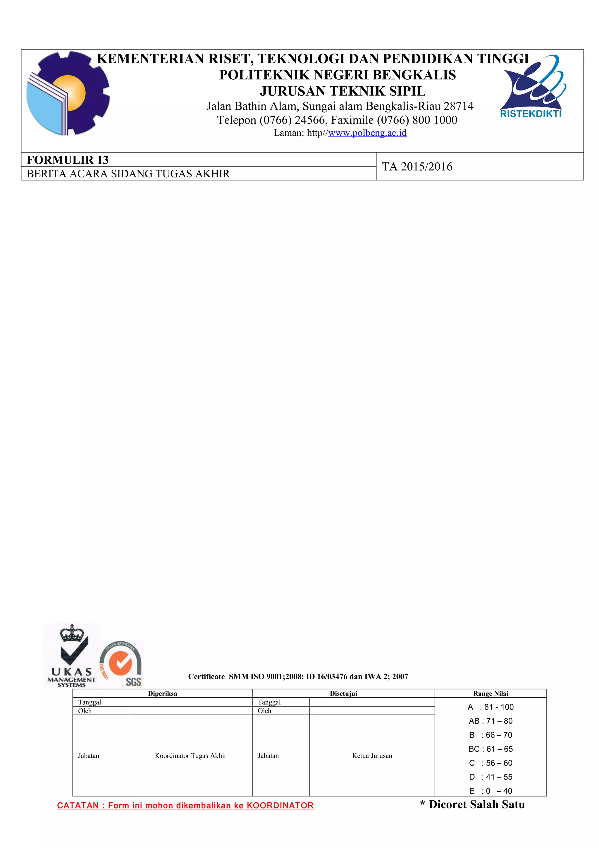 Form 13 berita acara sidang tugas akhir | DOC