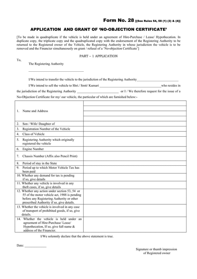 Form 28 application for rto noc | PDF | Certified Pre-Owned Cars | Auto ...