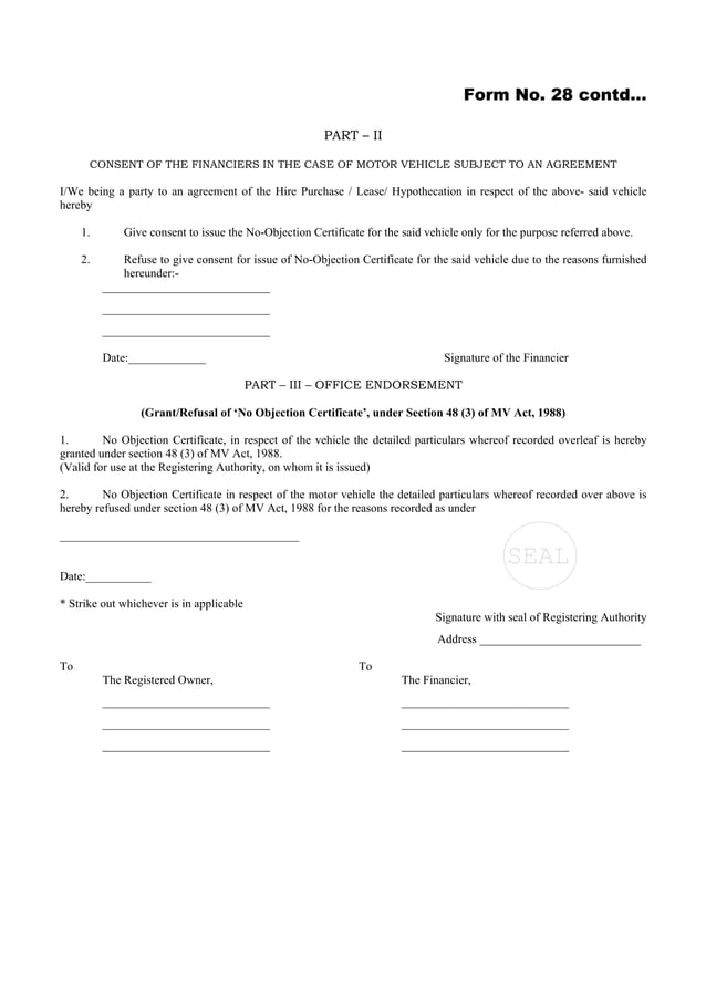 Form 28 application for rto noc | PDF | Certified Pre-Owned Cars | Auto ...