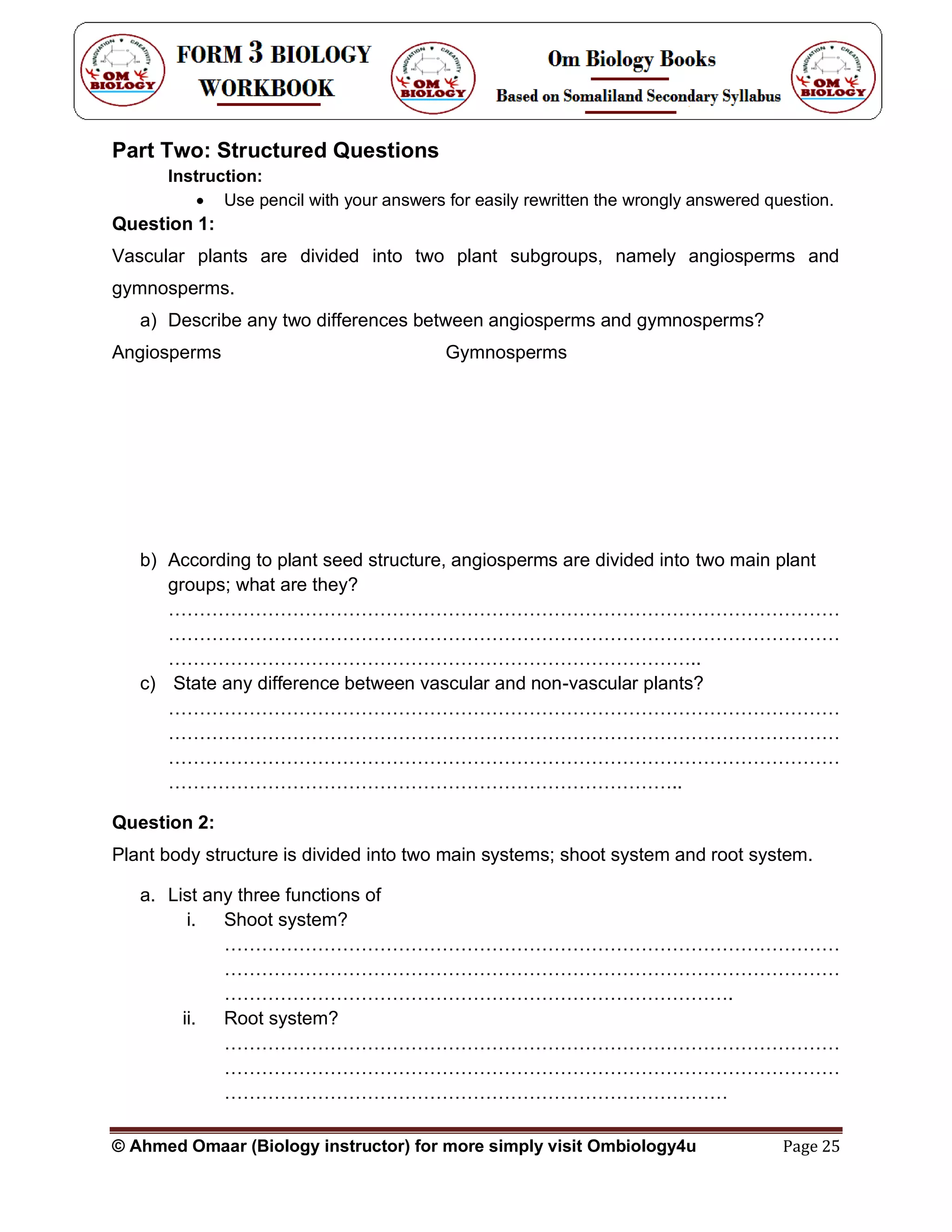 Form 3 Biology Workbooks based on Somaliland Biology Syllabus by Ahmed ...