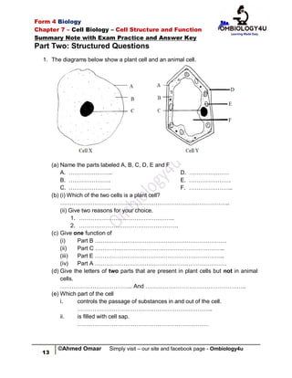 Cell Biology Summary Notes with Somaliland Form 4 Biology Past Exam ...