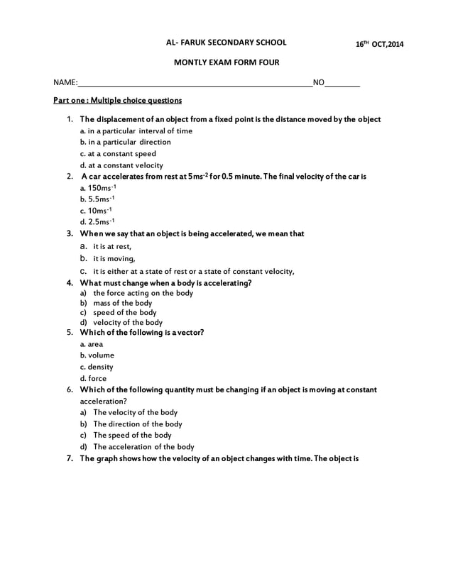 Form 4 exam motion (kinematics) | DOCX