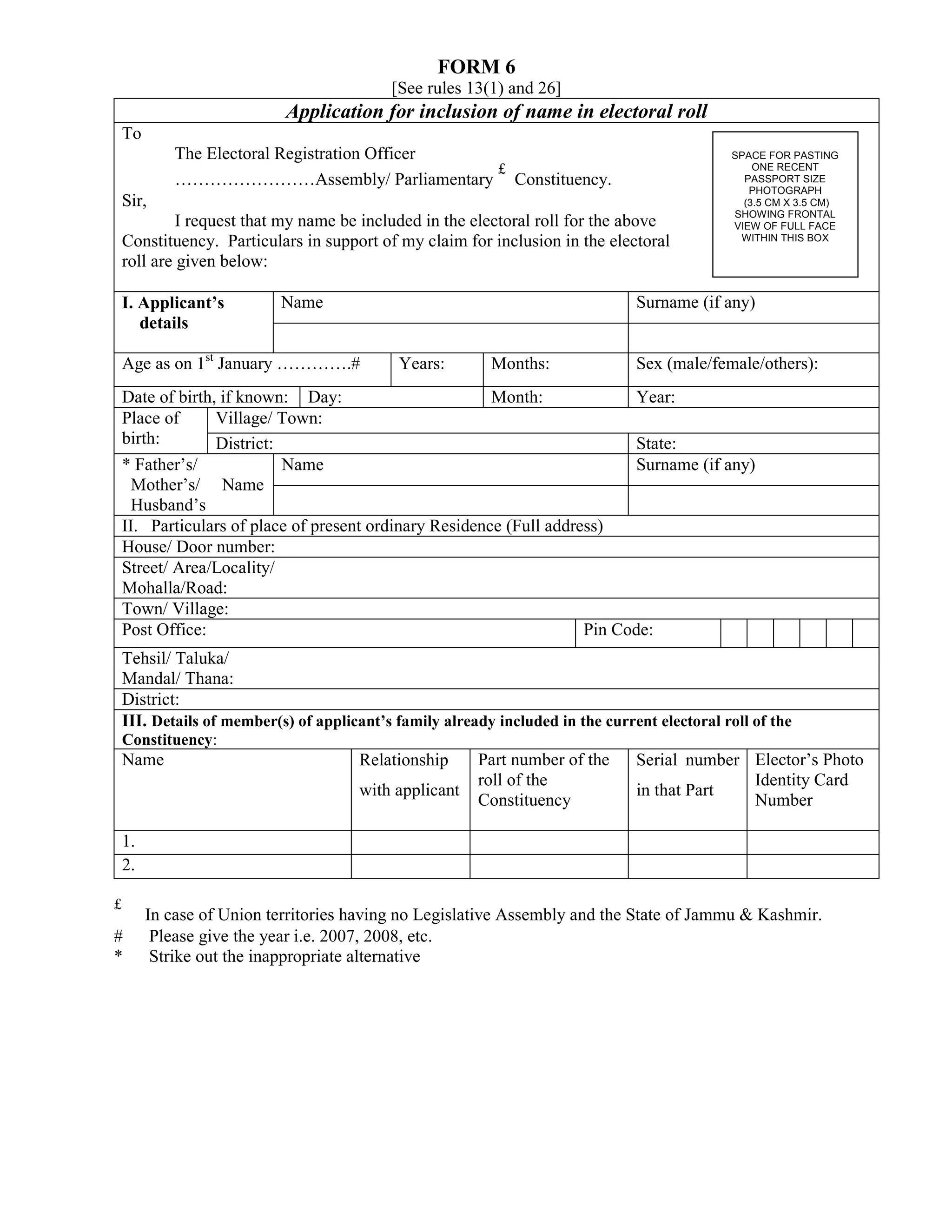 Form 6 Application for inclusion of name in electoral roll | PDF