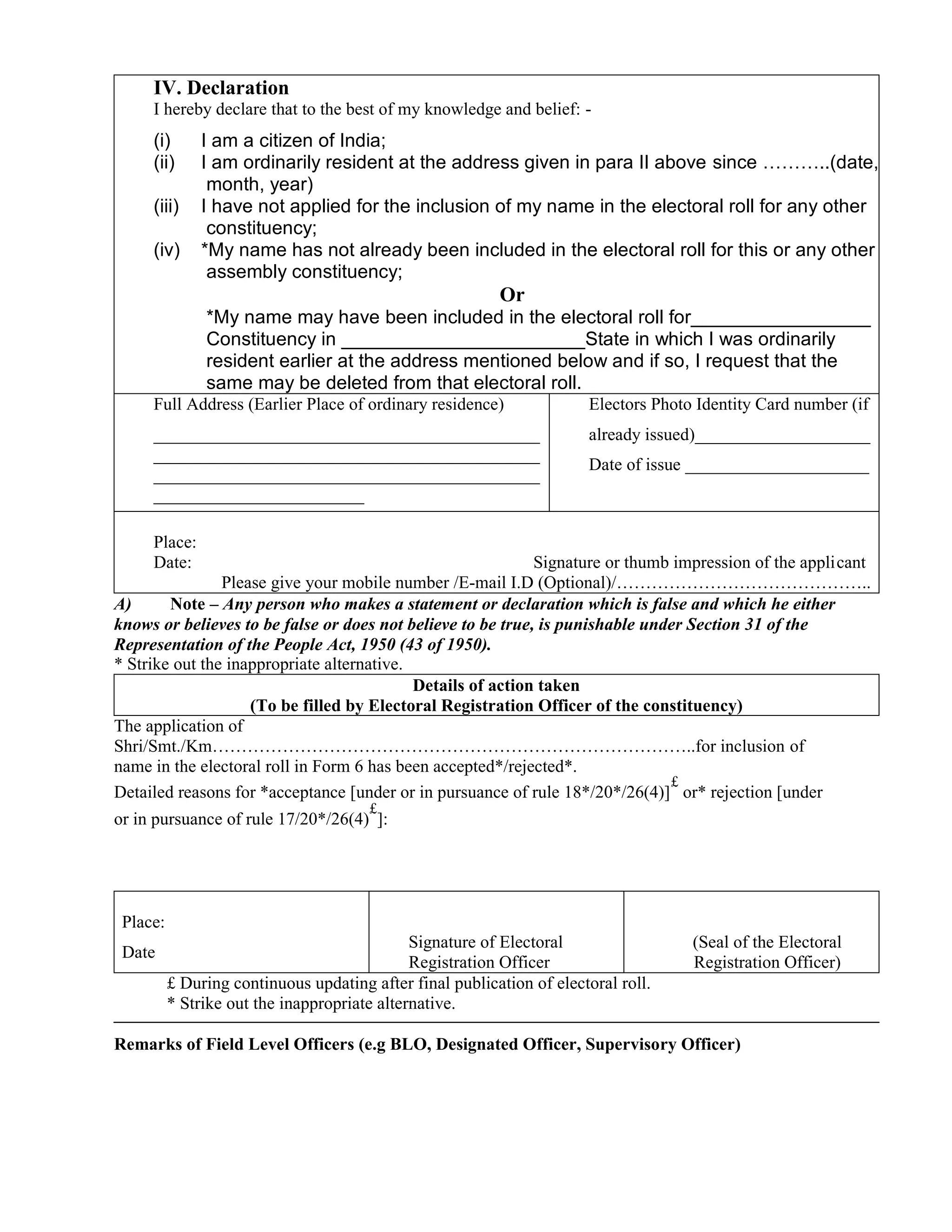 Form 6 Application for inclusion of name in electoral roll | PDF