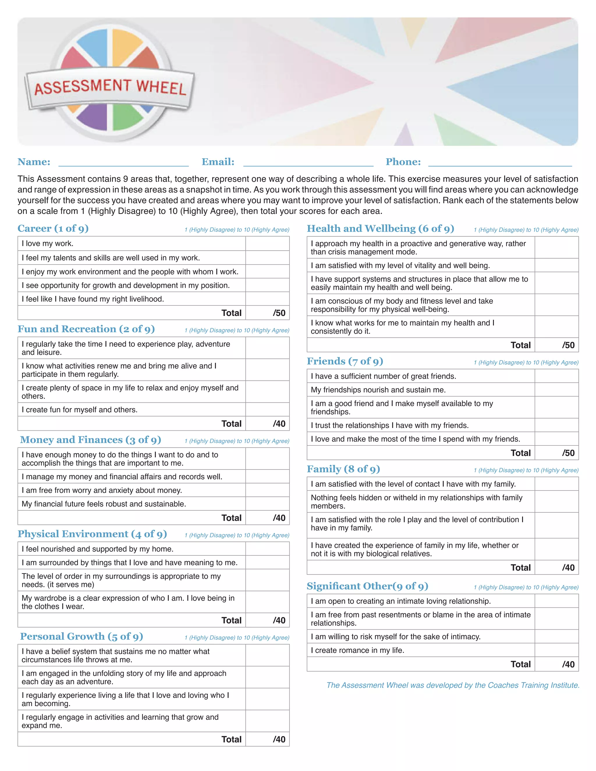 Form Personal Assessment Wheel | PDF