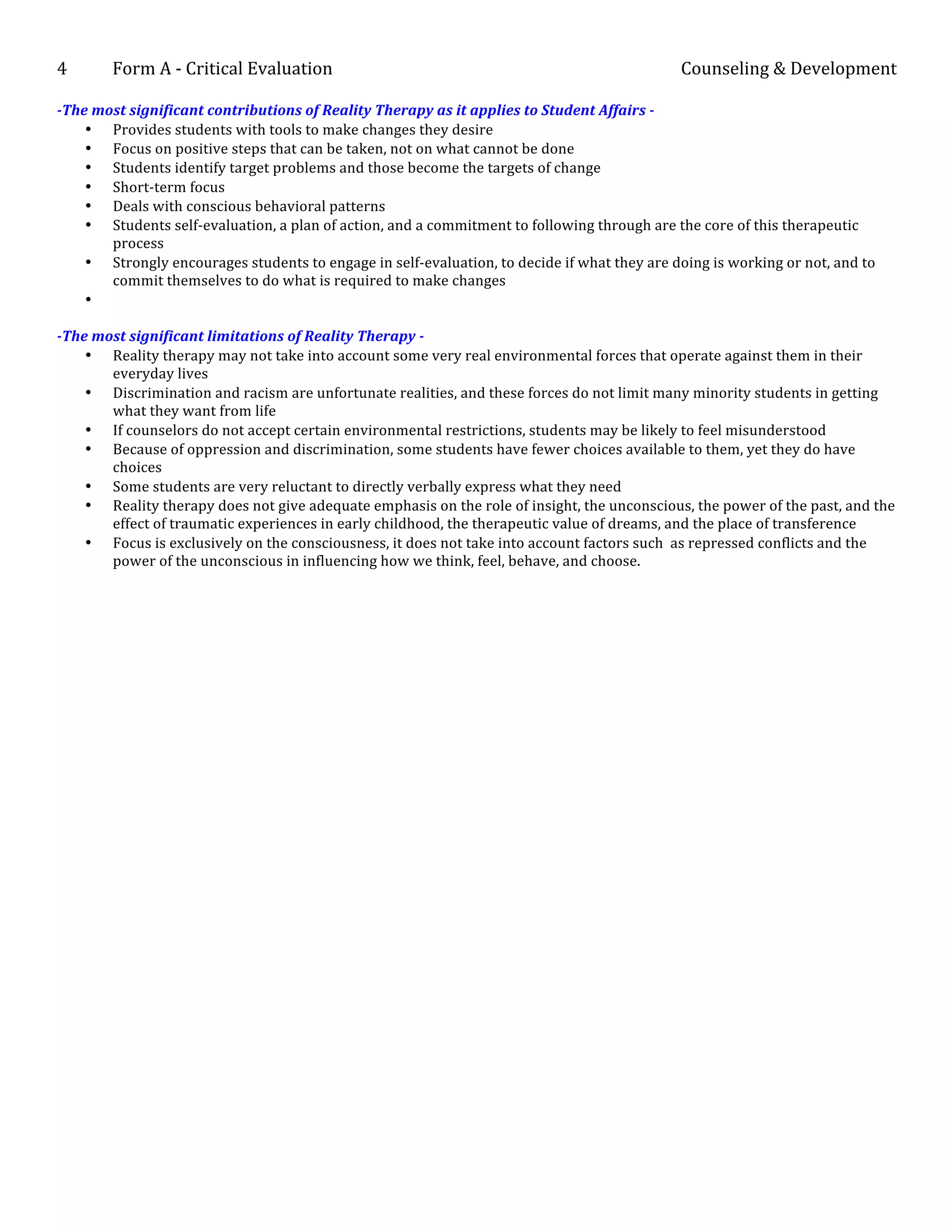 An Overview: Reality Therapy | PDF | Mental Health | Diseases and ...