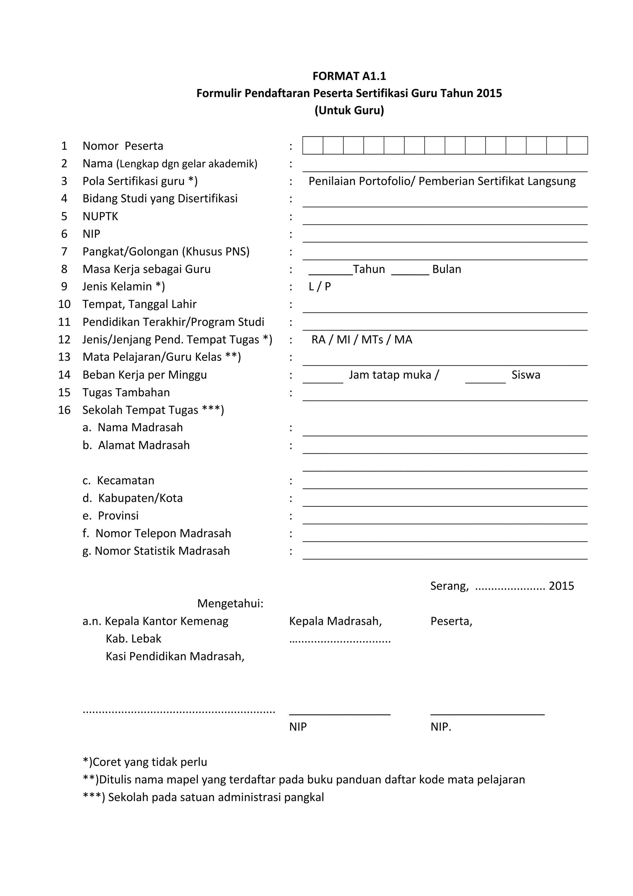 Form a1.1 sertifikasi 2015 | DOC