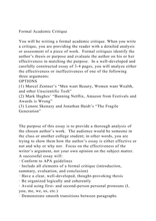 Formal Academic Critique You will be writing a formal academic.docx ...