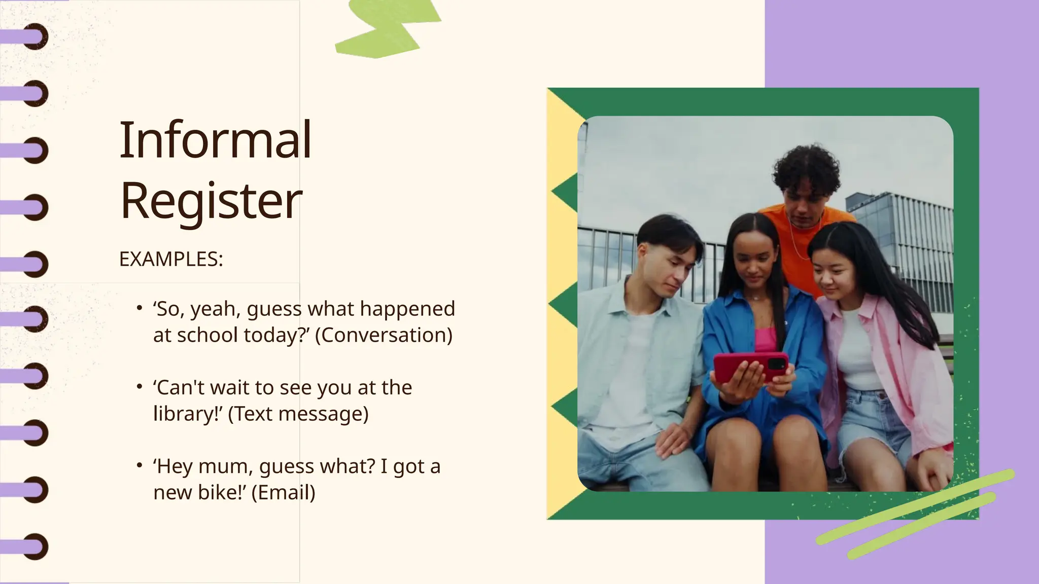 Formal and Informal Registers Education Presentation in Green Yellow Bright and Colorful Collage ...