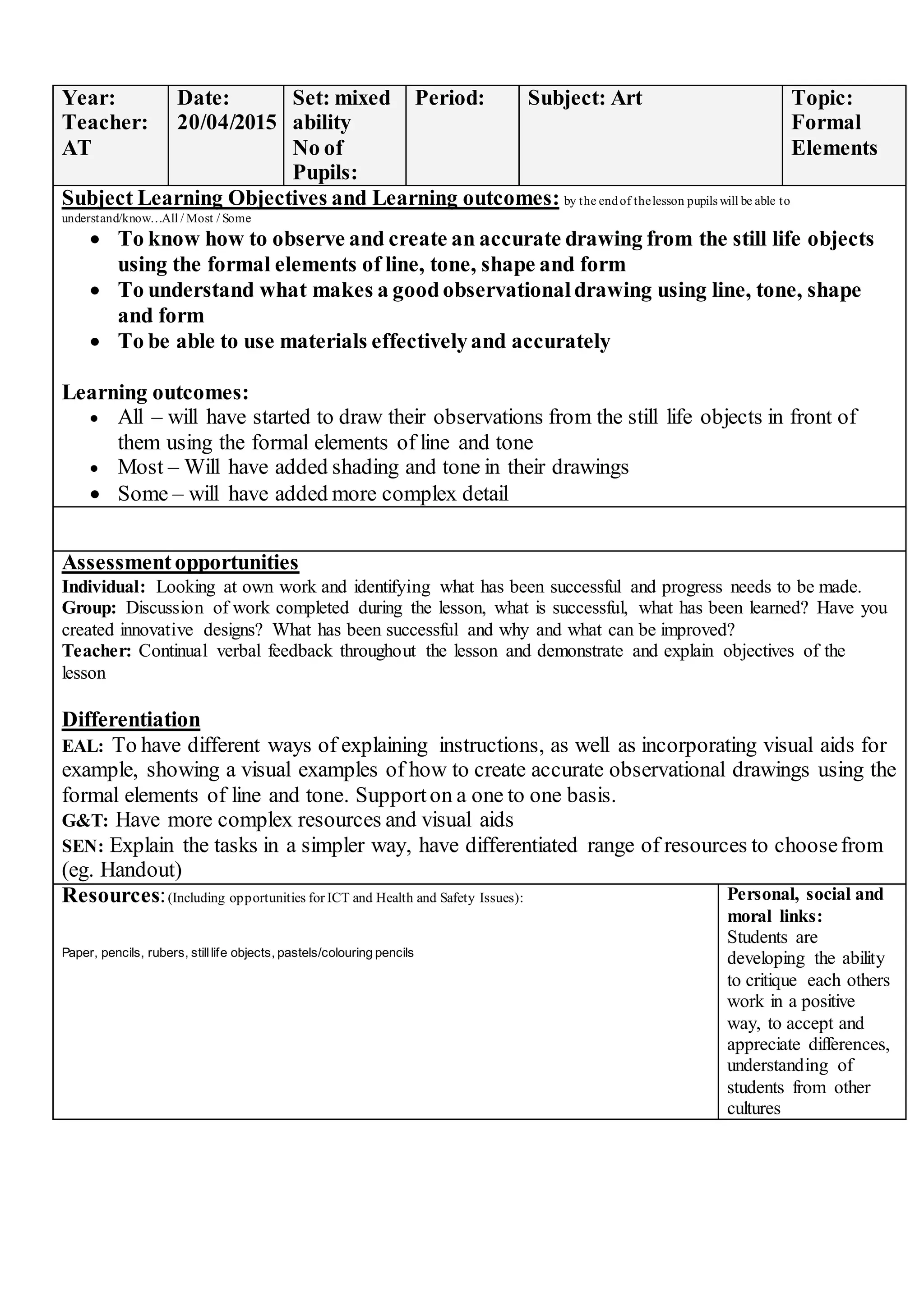Formal Elements Lesson Plan-Secondary Education | PDF