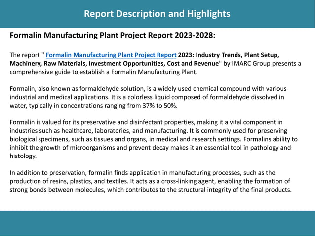 Formalin Manufacturing Plant Project Report PPT | Plant Cost: 2023 ...