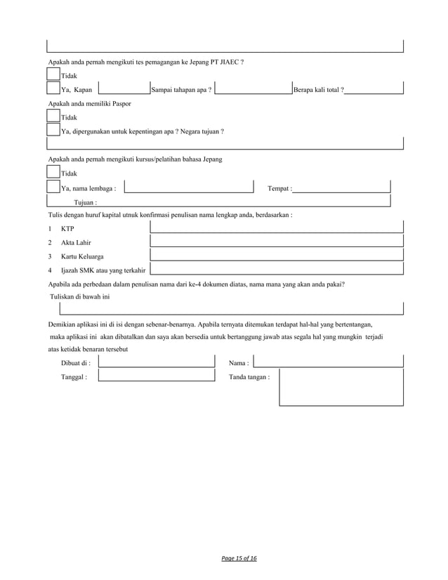 Form aplikasi a2 versi juli 2016 (Rekrutmen PT JIAEC) | PDF