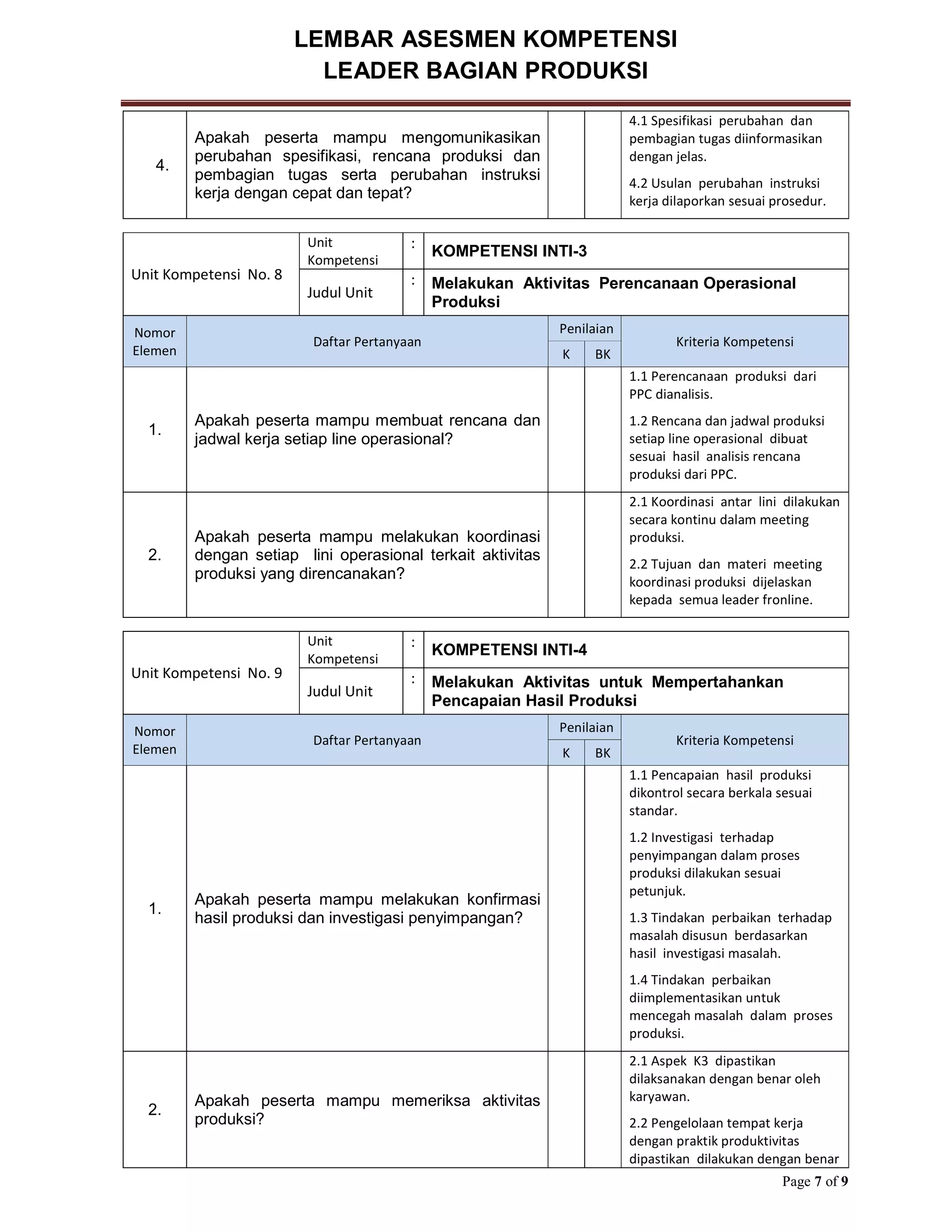 Asesmen kompetensi dasar seorang leader bagian produksi | PDF