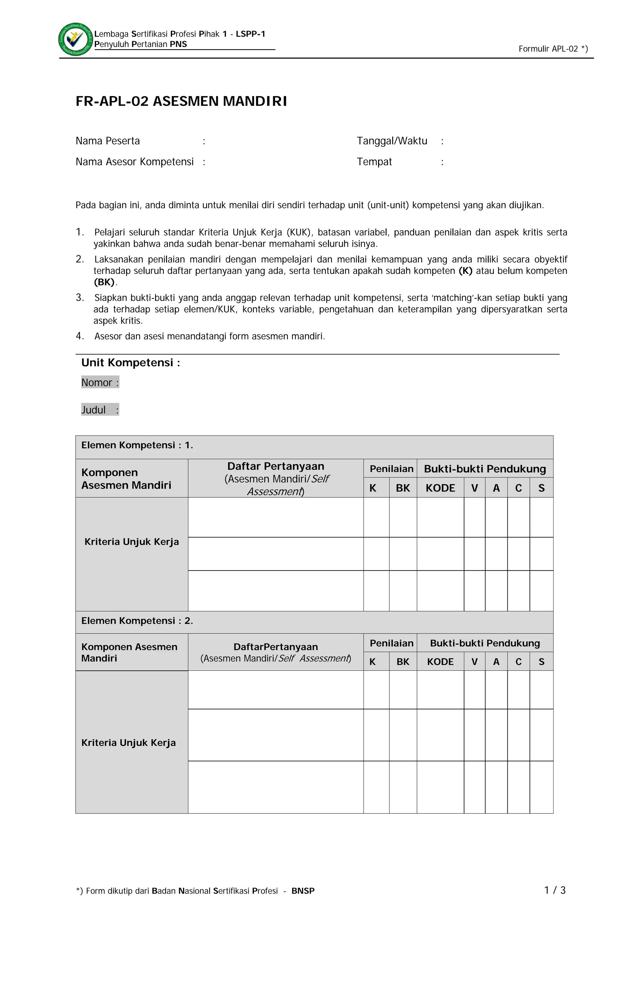 Form assesmen mandiri (fr apl 02) | PDF