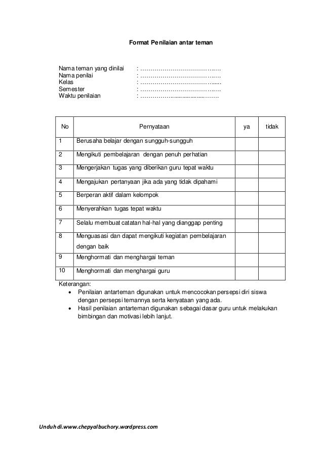 Contoh Format Penilaian Teman Sejawat Lembar Penilaian Sikap - Riset