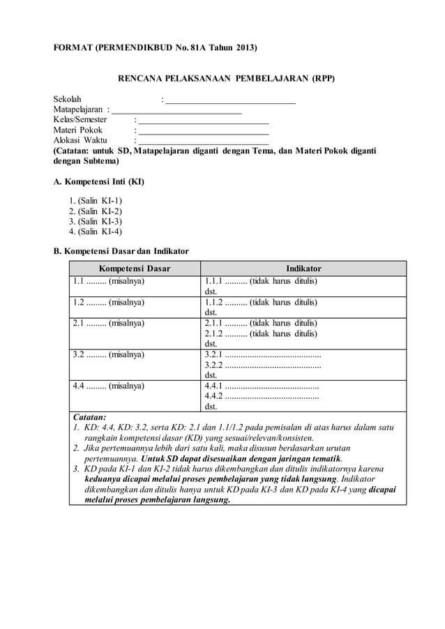 Format rpp-berdasarkan-permendikbud-nomor-81a-kurikulum-2013 | PDF